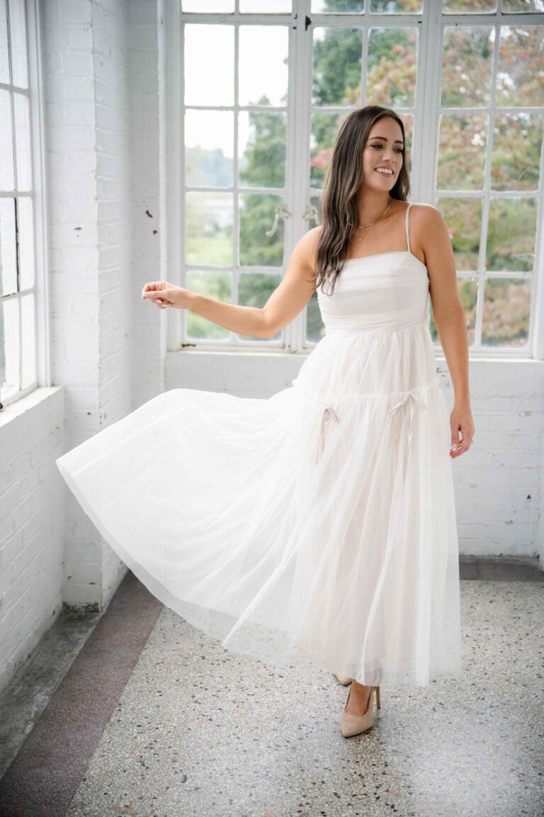 The Chandler | Ivory Ruched Mesh Bow Maxi Dress - Bates Sisters Boutique